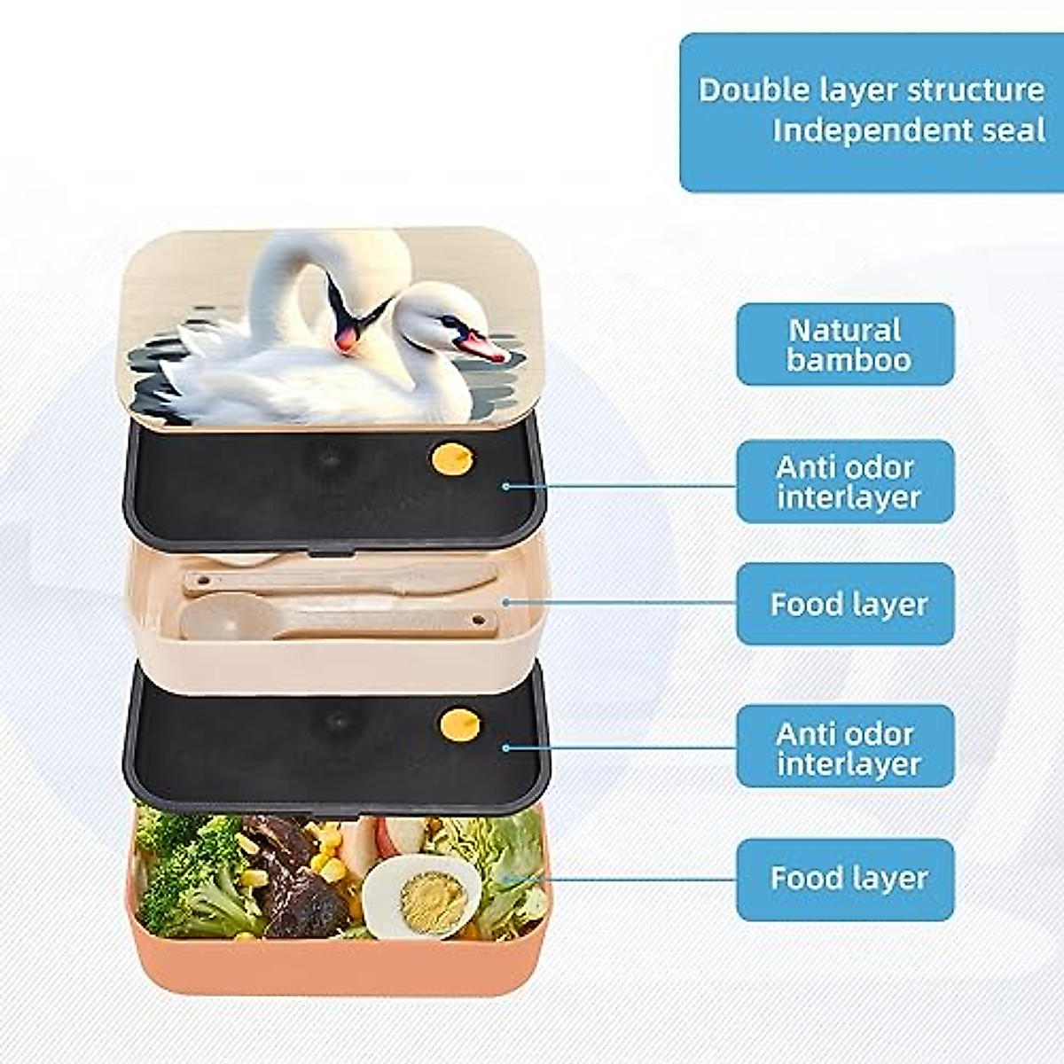 Cute Little Swan Adult Lunch Box, Bento Box, With Cutlery Set Of 3, 2 Compartments, Rectangular, Lunch Box For Adults