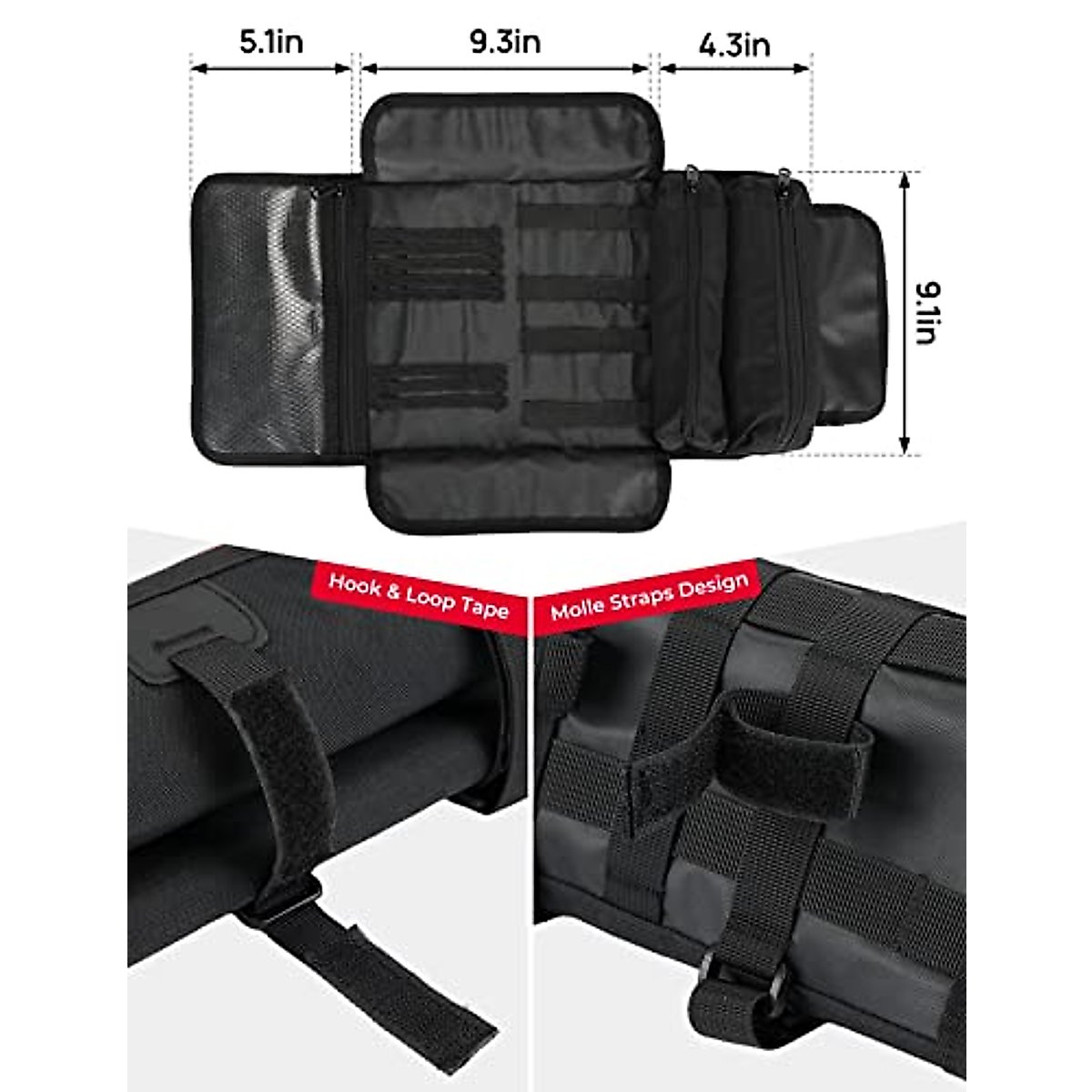 KEMIMOTO Motorcycle Tool Bag [Tool Not Included], Handlebar Tool Roll Black Tool Organizer with Elastic Loops Pockets Durable Tool Pouch for Motorcycles Softail Dyna Sportster