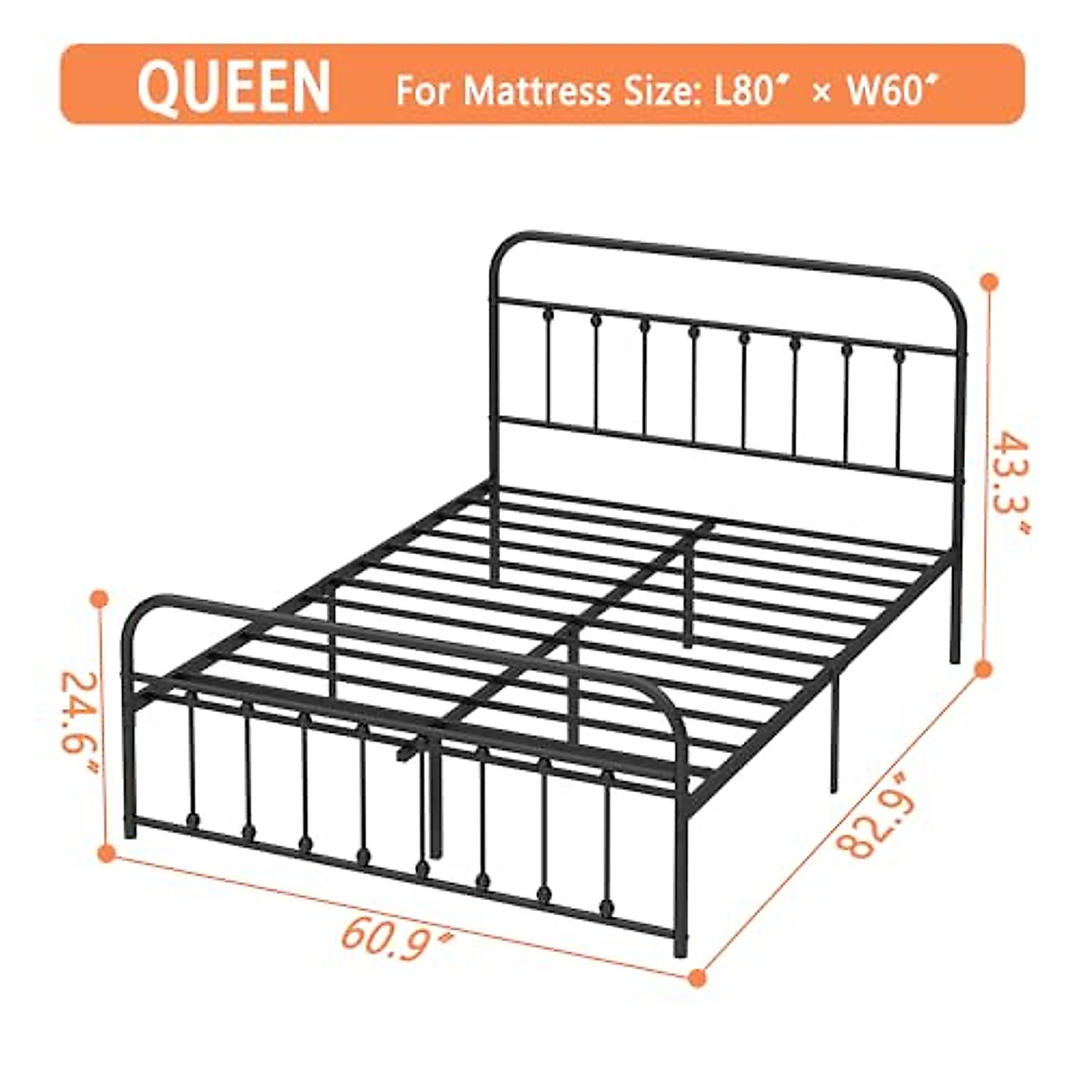 Closadin Classic Metal Platform Bed Frame with Heaboard and Footboard,Strong Metal Slats Support,No Box Spring Needed,Easy Assembly,Queen Size,Black