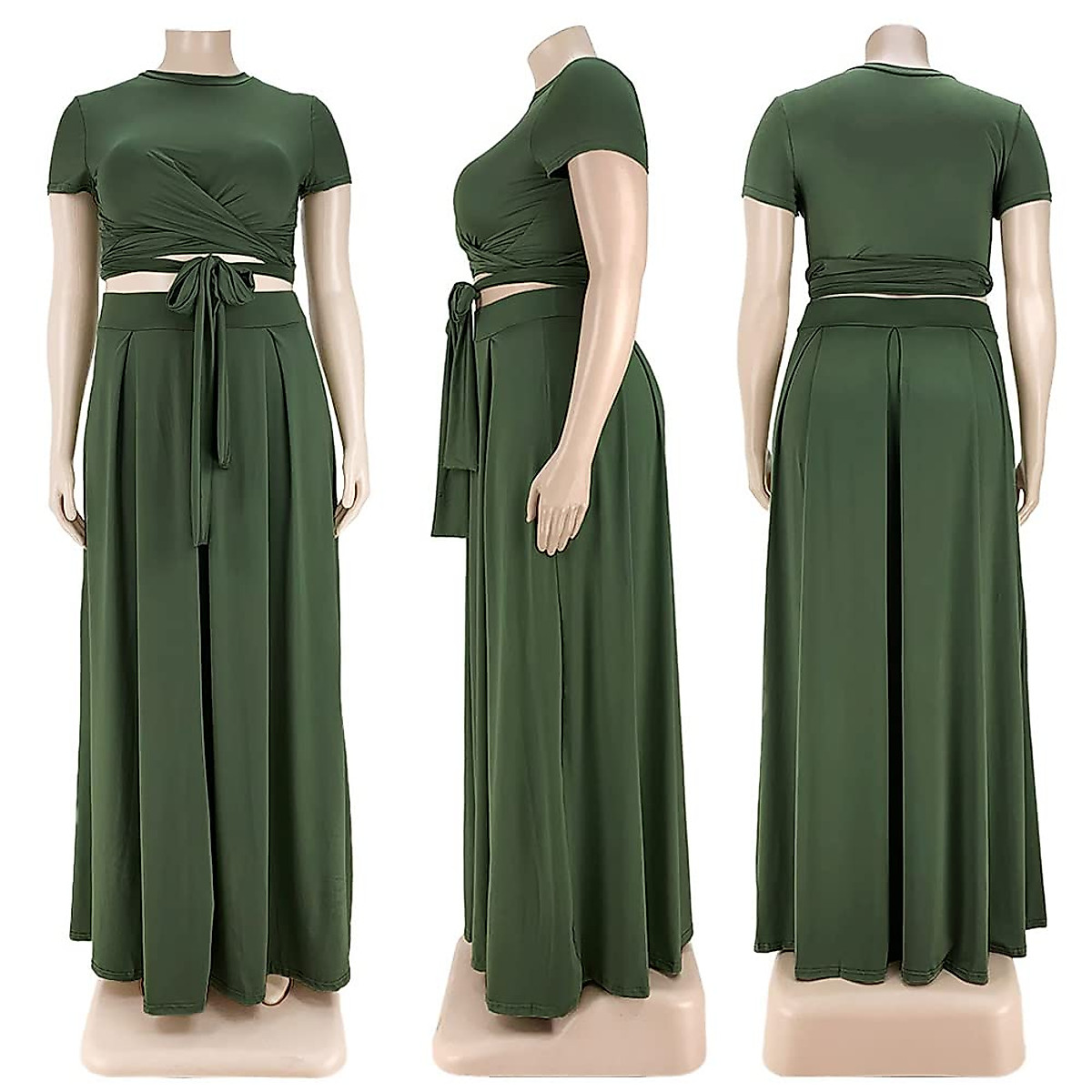 Summer Women's Plus Size 2 Piece Dress Sets Printed High Waisted Maxi Dress Sets Clubwear Tracksuit-Green