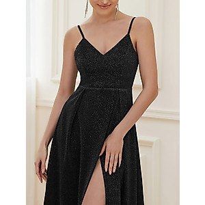 Ever-Pretty Women's Spaghetti Straps V-Neck Sleeveless Split A-Line Glitter Prom Dress Black US4