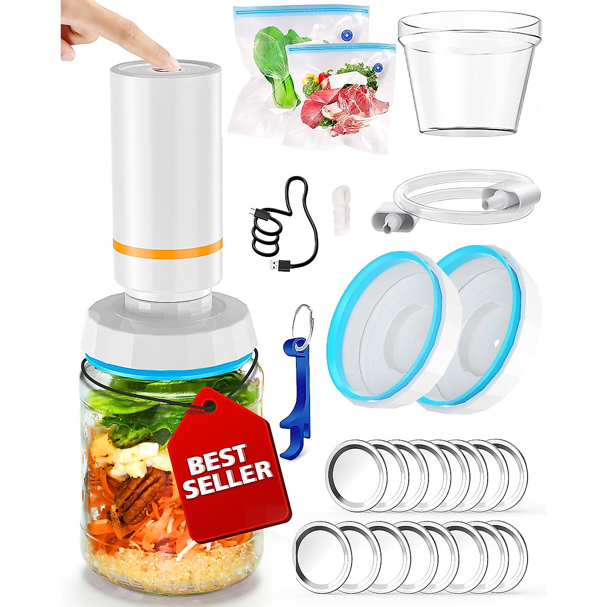 Electric Mason Jar Vacuum Sealer Kit with 16 Jar Lids, Jar Vacuum Sealer for Mason Jars with Lid Opener and 2 Reusable Vacuum Sealer Zipper Bags for Wide and Regular Mouth