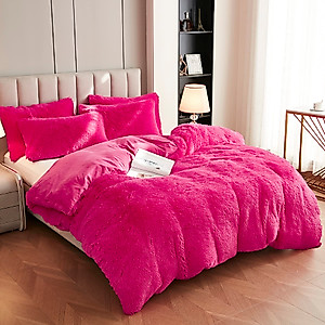 Uhamho Luxury Fluffy 1PC Solid Duvet Cover Faux Fur Plush Shaggy Quilt Cover Velvet Bedspread Zipper Closure, No Pillow Sham, No Comforter (Hot Pink, Queen)