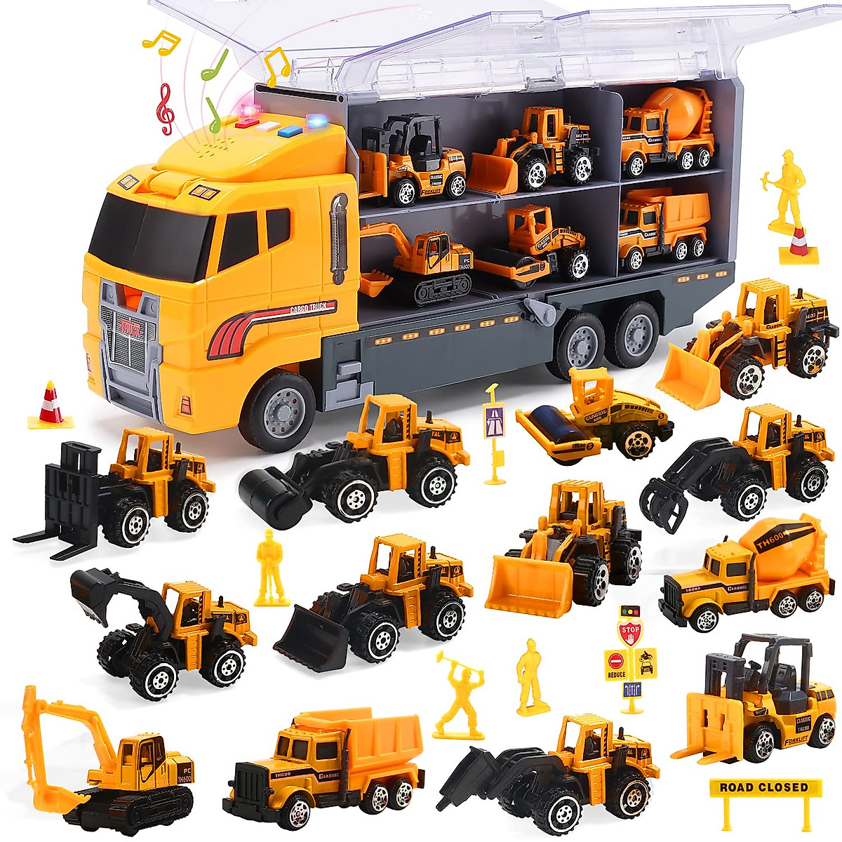 CUTE STONE 25 in 1 Construction Trucks Push and Go Car Carrier Truck Toy, Play Vehicles with Sounds and Lights, 12 Mini Diecast Trucks Included