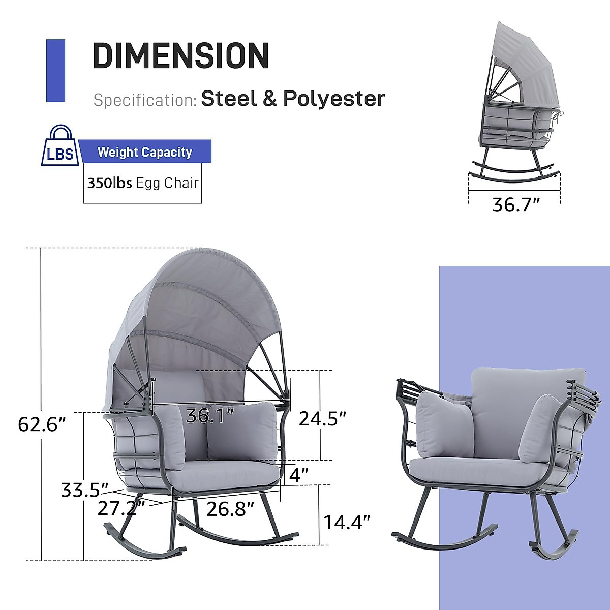 Patiorama Outdoor Indoor Rocking Egg Chair, Patio Rocker Chair with Retractable Canopy, All-Weather Outside Oversized Lounge Chair with Cushion for Garden Balcony Living Room, 350 lbs Capacity, Grey