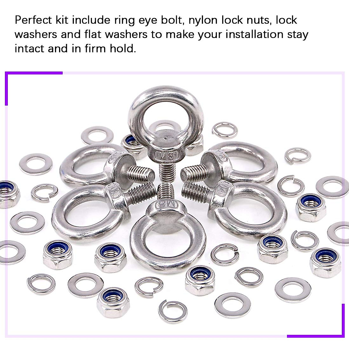 36Pcs 304 Stainless Steel M6 Male Thread Lifting Ring Eye Bolt Kit, Including 6Pcs M6 Eye Bolt with 10Pcs Lock Nuts, 10Pcs Lock Washers and 10Pcs Flat Washers