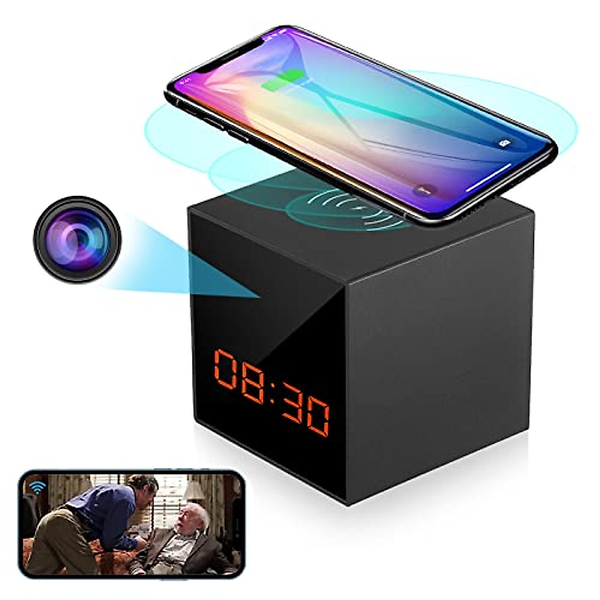 LIZVIE Hidden Camera Clock Wireless Charger Unobtrusive Spy Camera Clock Enhanced 1080p HD Picture, Seurity Camera, Night Vision, Live Video, Wireless Charger