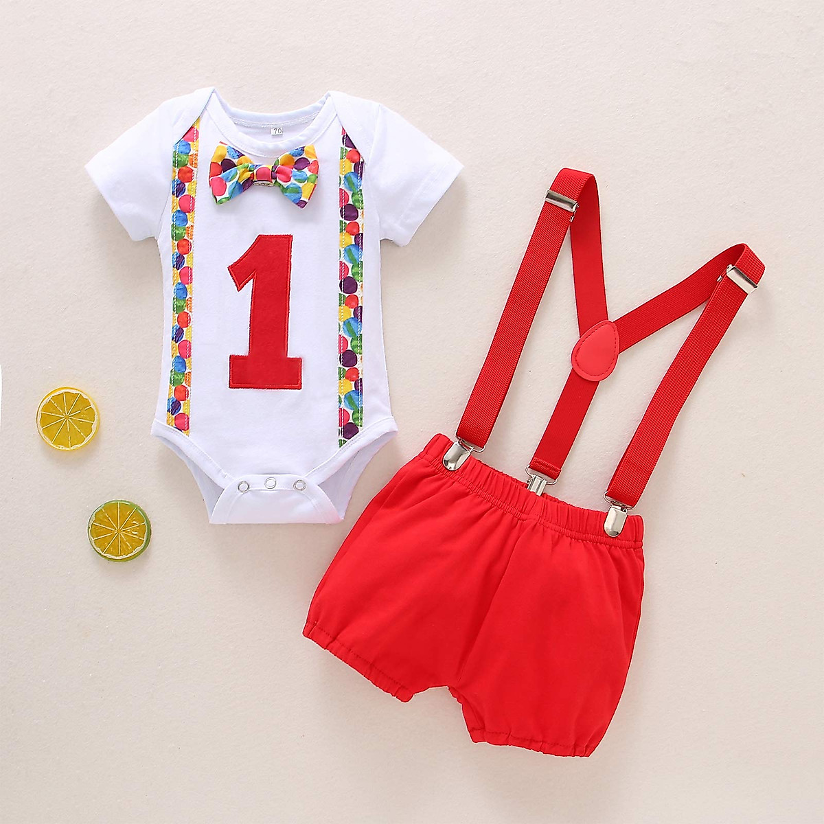 IBTOM CASTLE Cake Smash Outfit Boys First Birthday Plim Plim Birthday Party Supplies Short Sleeve Romper Suspenders Pants Circus Baby Photoshoot Clothes Red 9-12 Month