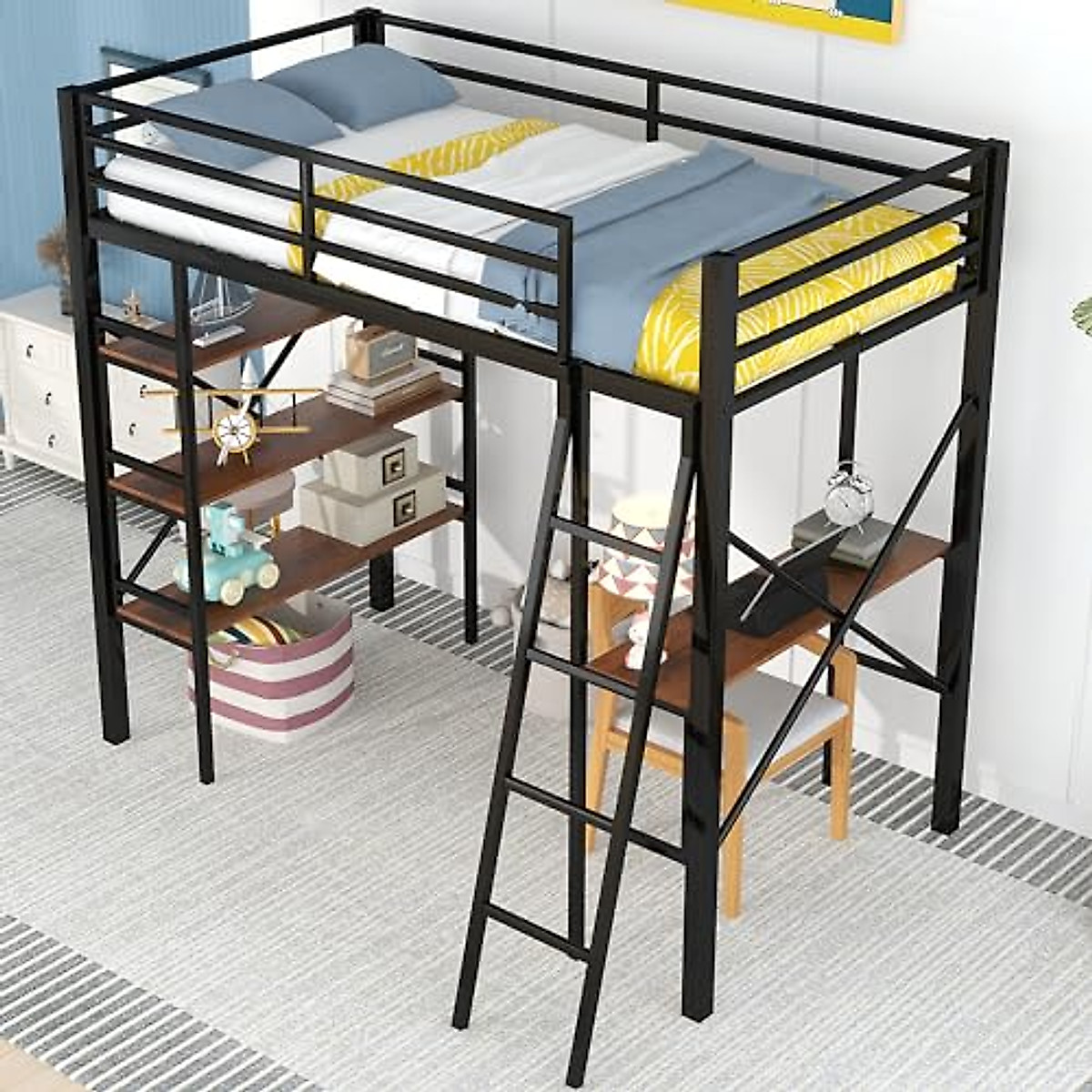 Metal Loft Bed Twin Size, Twin Loft Bed with Desk and 3-Tier Storage Shelves, Twin Loft Bed with Ladder and Full-Length Guardrail, Twin Size Loft Bed for Kids, Teens, Adults, Black Loft Bed with Desk