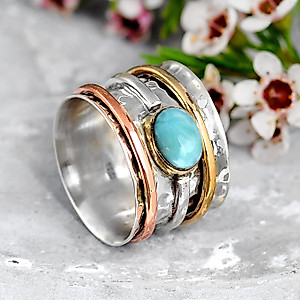 Boho-Magic 925 Sterling Silver Spinner Larimar Ring for Women with Copper and Brass Fidget Rings Bands (9)