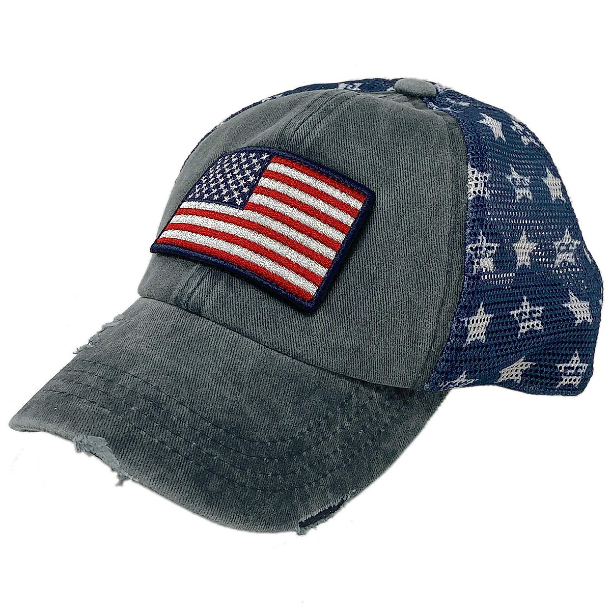 CC Everyday Distressed Trucker Mesh Summer Vented Baseball Sun Cap Hat (Patch American Flag)