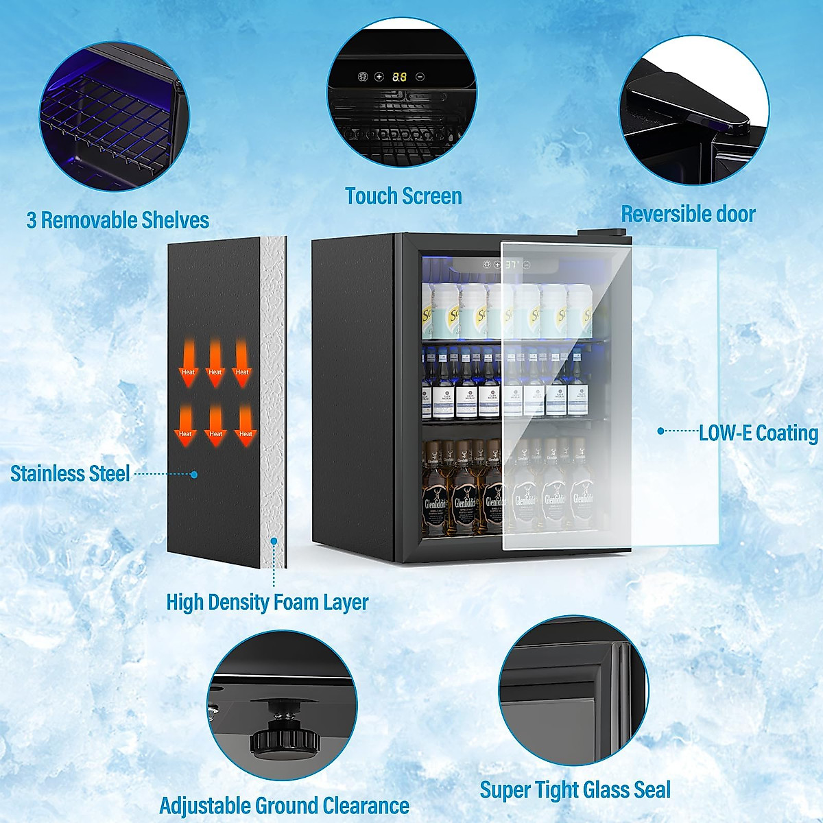 Erivess Compact Freestanding Beverage Refrigerator,70 Can/ 1.6 Cubic Feet Mini Fridge with Reversible Glass Front Door for Soda, Beer, or Wine, Under Counter Drink Dispenser with 2 Adjustable Shelves