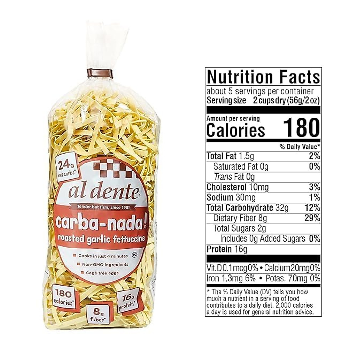Al Dente, Carba-Nada Variety 2 Pack, Lower Carb, Egg Fettuccine & Roasted Garlic Fettuccine, Non-GMO, Homemade Taste & Texture, High Protein