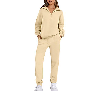 Prinbara Women 2 Piece Outfits Sweat Set 2024 Fall Oversized Sweatshirts Jogger Sweatpants Lounge Sets Tracksuit Khaki Small