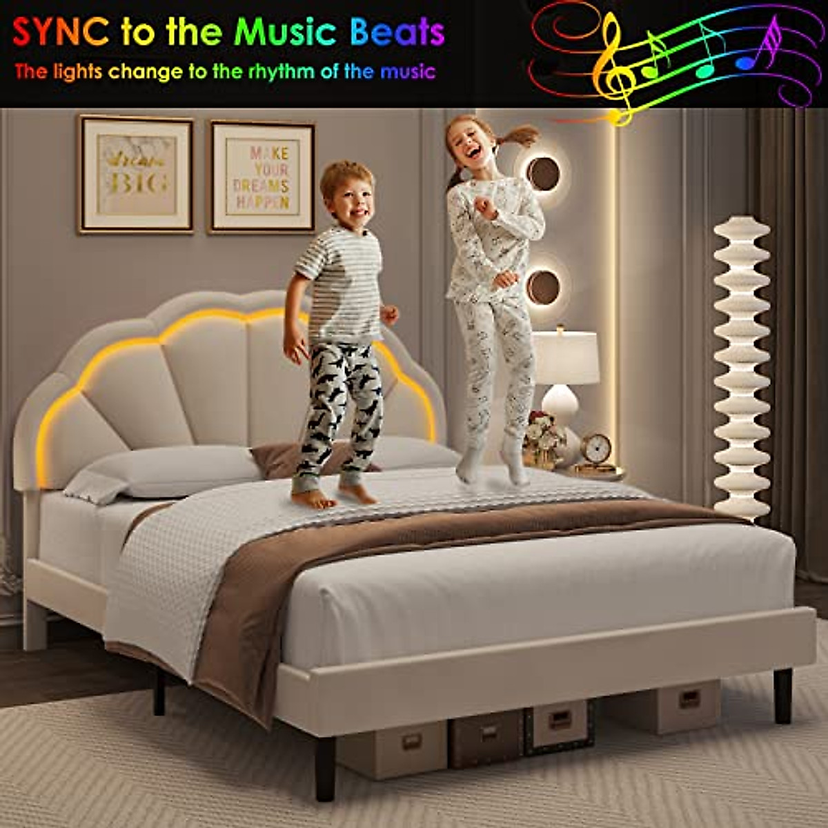 HIFIT Queen Upholstered Smart LED Bed Frame with Adjustable Elegant Flowers Headboard, Platform Bed Frame Queen Size with Wooden Slats Support, No Box Spring Needed, Easy Assembly, Beige