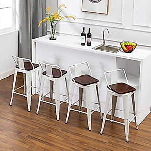 Yongqiang 24" Swivel Metal Bar Stools with Backs Counter Height Barstools Set of 4 Industrial Kitchen Dining Bar Chairs with Wooden Seat White