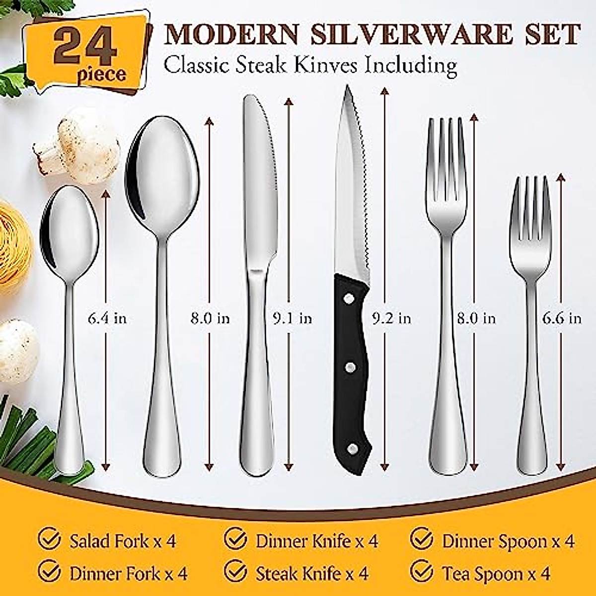 24 Piece Silverware Set, Flatware Utensils Set with Steak Knives for 4, Stainless Steel Cutlery Eating Tableware Set, Include Fork Kinfe Spoon, Mirror Polished, Dishwasher Safe