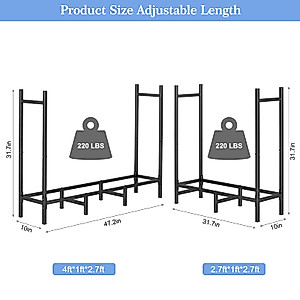 smusei Outdoor Firewood Rack with Cover 5.3Ft Wood Racks Holders for Fireplace Adjustable Metal Wood Log Storage Rack Stand Stackers for Fire Wood with Waterproof Oxford Fabric Cover, Black