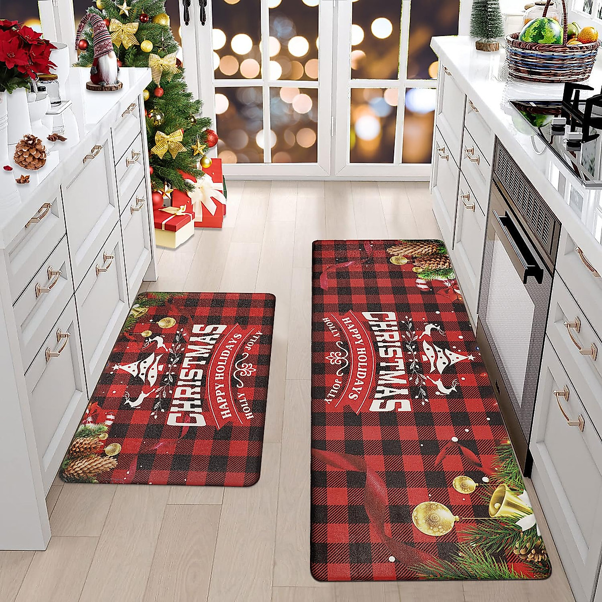 Cekene Anti Fatigue Kitchen Mat Set of 2 Christmas Memory Foam Thick Cushioned Rugs for Kitchen Non-Slip Standing Mat 17"×28" and 17"×47" Waterproof Wipeable