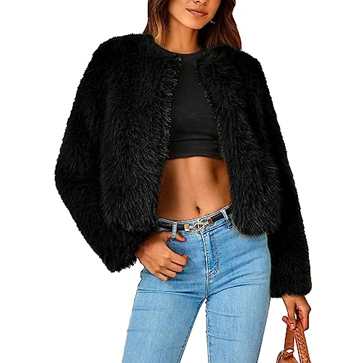 PRETTYGARDEN Women's 2023 Winter Coats Fleece Cropped Jacket Faux Fur Long Sleeve Pockets Shaggy Warm Outerwear Fall Clothes (Black,Medium)