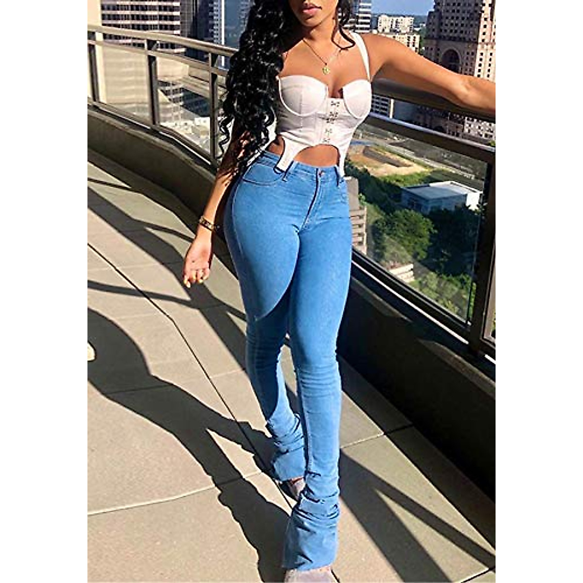 Women's Skinny Jeans Classic High Rise Stretch Bootcut Stacked Pull-On Denim Pants Long Trouser C-Blue