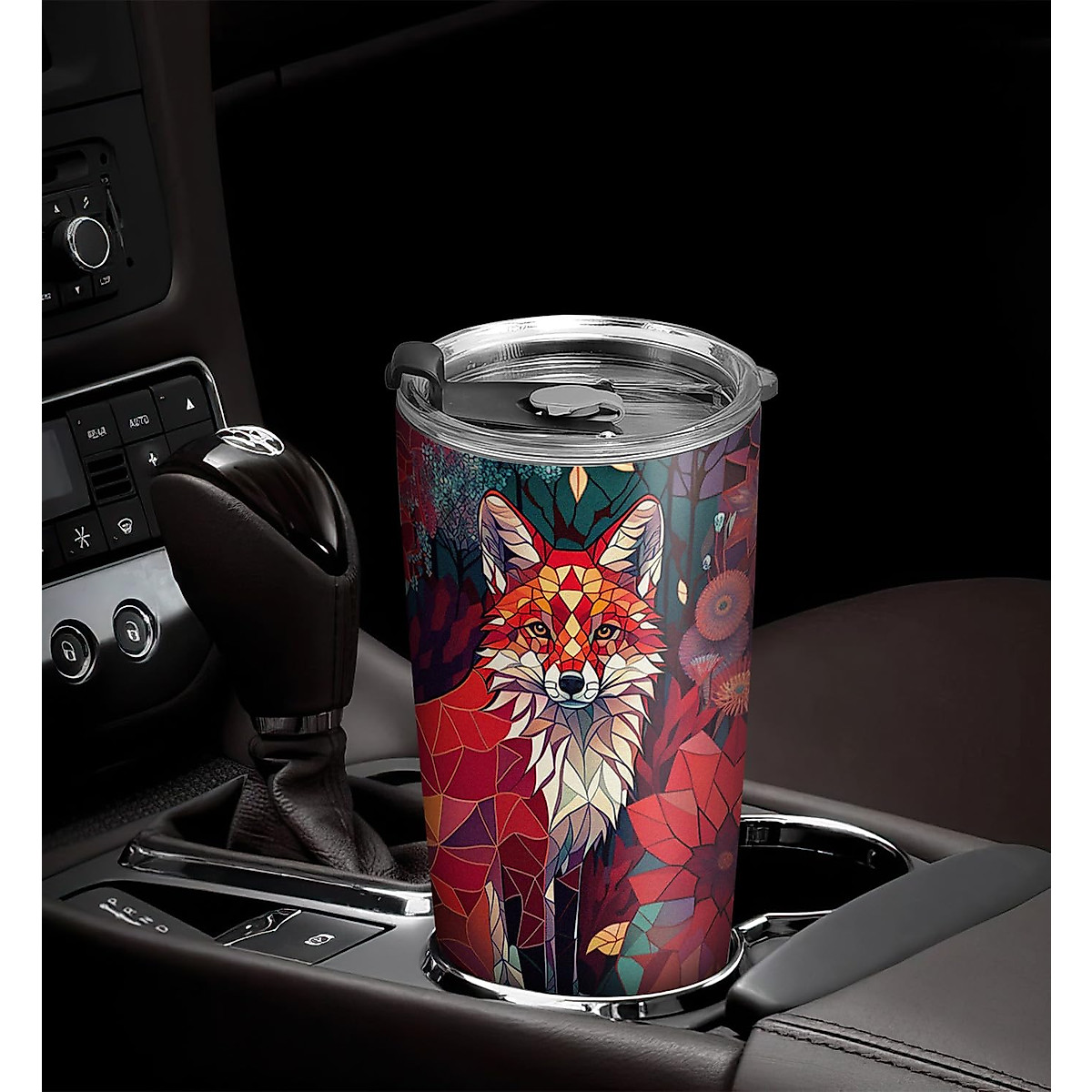 20oz Red Ruby Stained Glass Crystal Mosaic Fox Tumbler, Gifts for Fox Lovers, Coffee Thermos for Women, Stainless Steel Double Wall Vacuum Insulated Coffee Mug, Travel Cup with Lid
