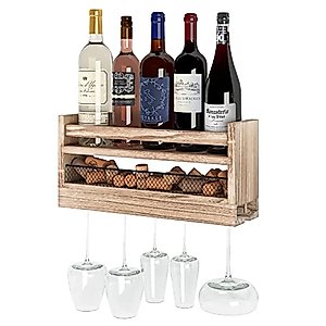 YouHaveSpace Barrel Wall Mounted Wood Wine and Glass Rack with Wire Cork Storage, Hanging Wine Rack for Kitchen, Living Room, Dining Room, Light Burnt Natural