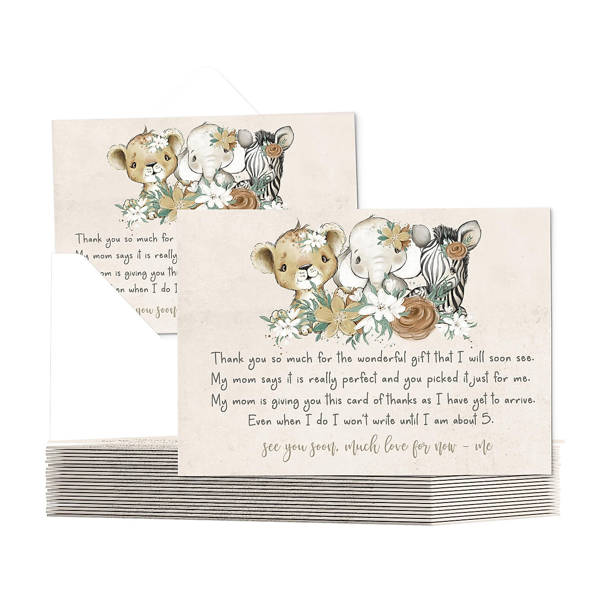 Paper Clever Party Flora Safari Baby Shower Thank You Cards with Envelopes - 25 Pack - 4x6 Blank Notes with Prefilled Message from Baby Girl - Greenery Jungle Design