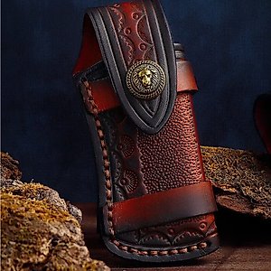 Jamal New Hand Made Carved Cow Leather Sheath for Folding Knife Cover Pouch Belt Clip Made of Leather and Brass