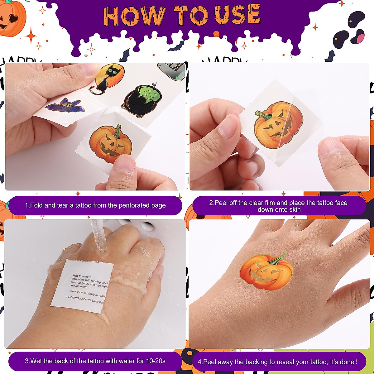 192 PCS Halloween Temporary Tattoos for Kids, Halloween Assorted Waterproof Fake Pumpkin Temp Tattoo Sticker for Boys Girls Goody Bag Stuffers Prizes Party Favors