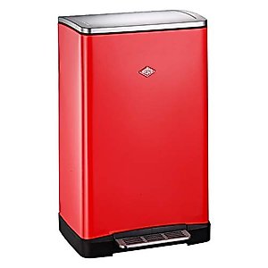 WESCO 381411-02 Pedal Trash Can, Red, Size: 13.6 x 15.9 x 25.6 inches (34.5 x 40.5 x 65 cm), Kitchen Pedal Bin, Double