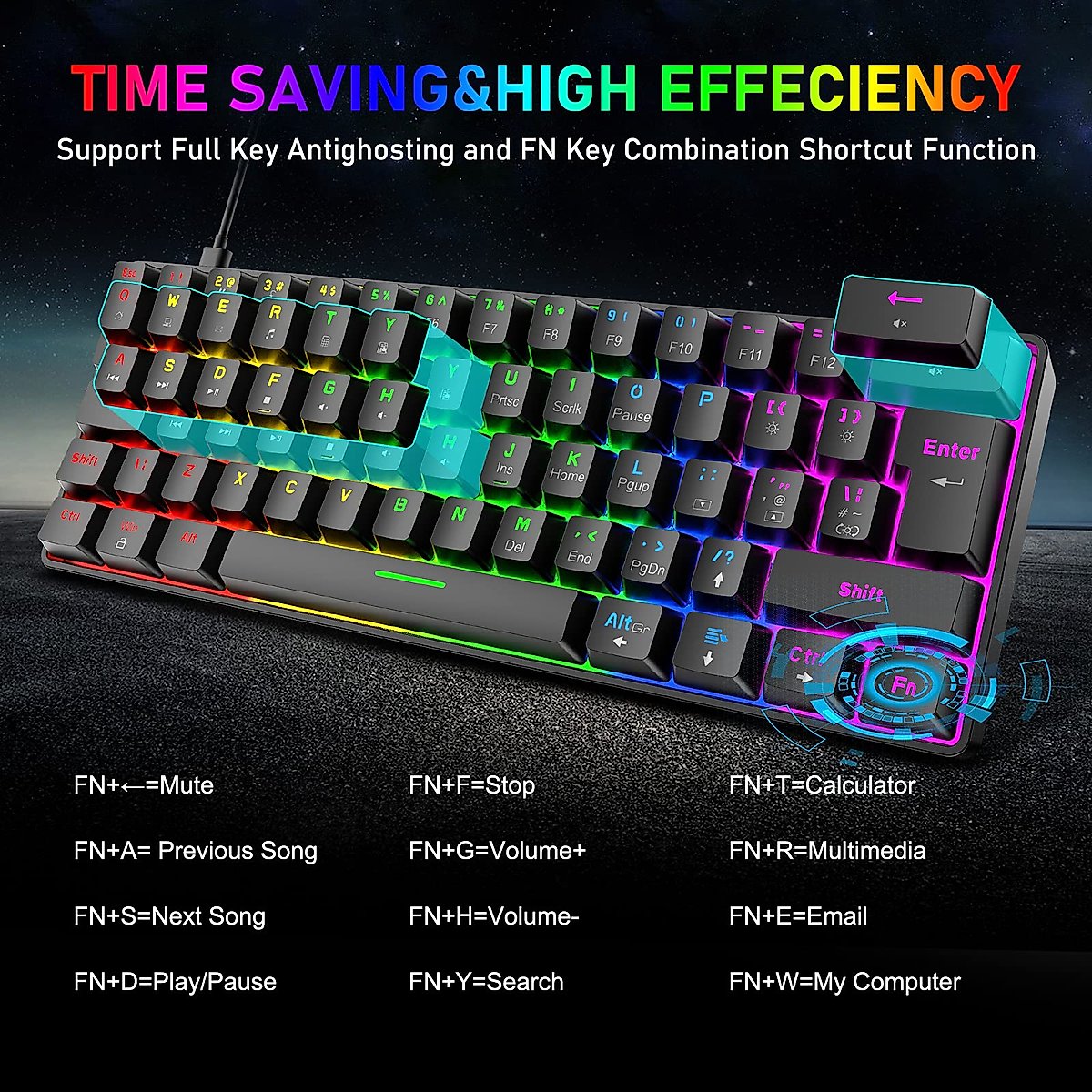 Mechanical Gaming Keyboard and Mouse Mini Wired Combo with RGB Headset Rainbow Backlight Ergonomic 62Key Anti-Ghosting Adjustable Mic 6400DPI Mice USB-C for PC Gamer Computer Typist(Black/Red Switch)