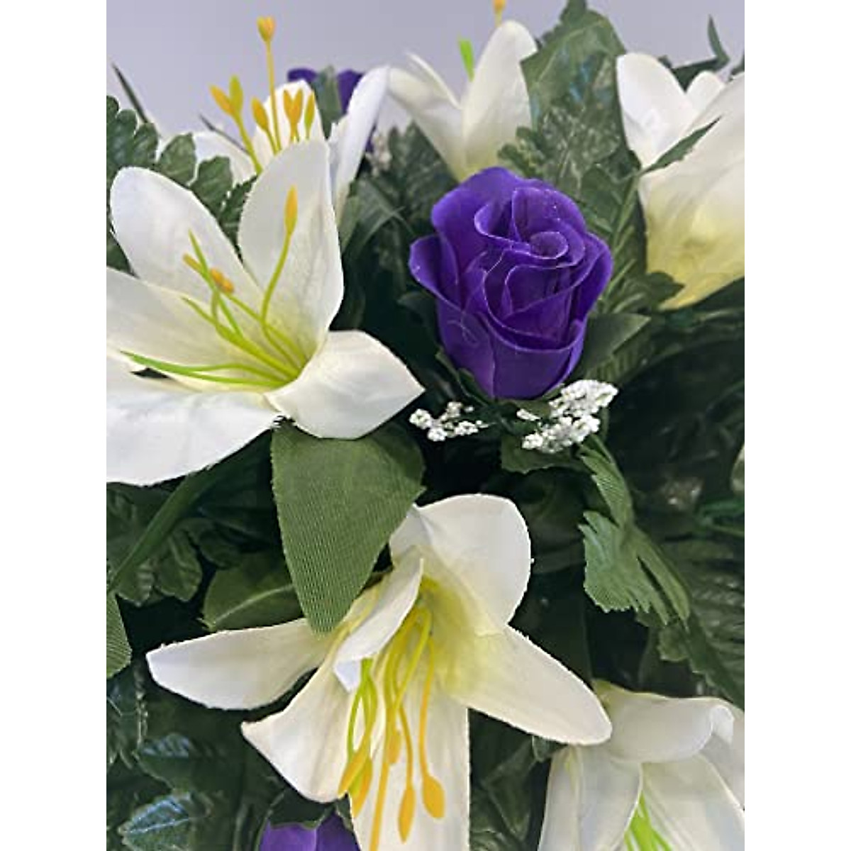 Spring or Easter Cemetery Flowers for Headstone and Grave Decoration-Purple Rose and Lily Mix Saddle