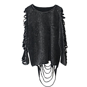 Anna-Kaci Ripped Cut Out Holes Long Sleeve Faded Distressed Top Pullover Shirt,Black,X-Large