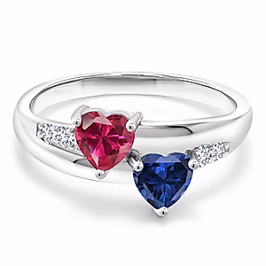 Gem Stone King 925 Sterling Silver Red Created Ruby Blue Created Sapphire and White Lab Grown Diamond Ring For Women (1.29 Cttw, Heart Shape 5MM, Available in size 5, 6, 7, 8, 9)