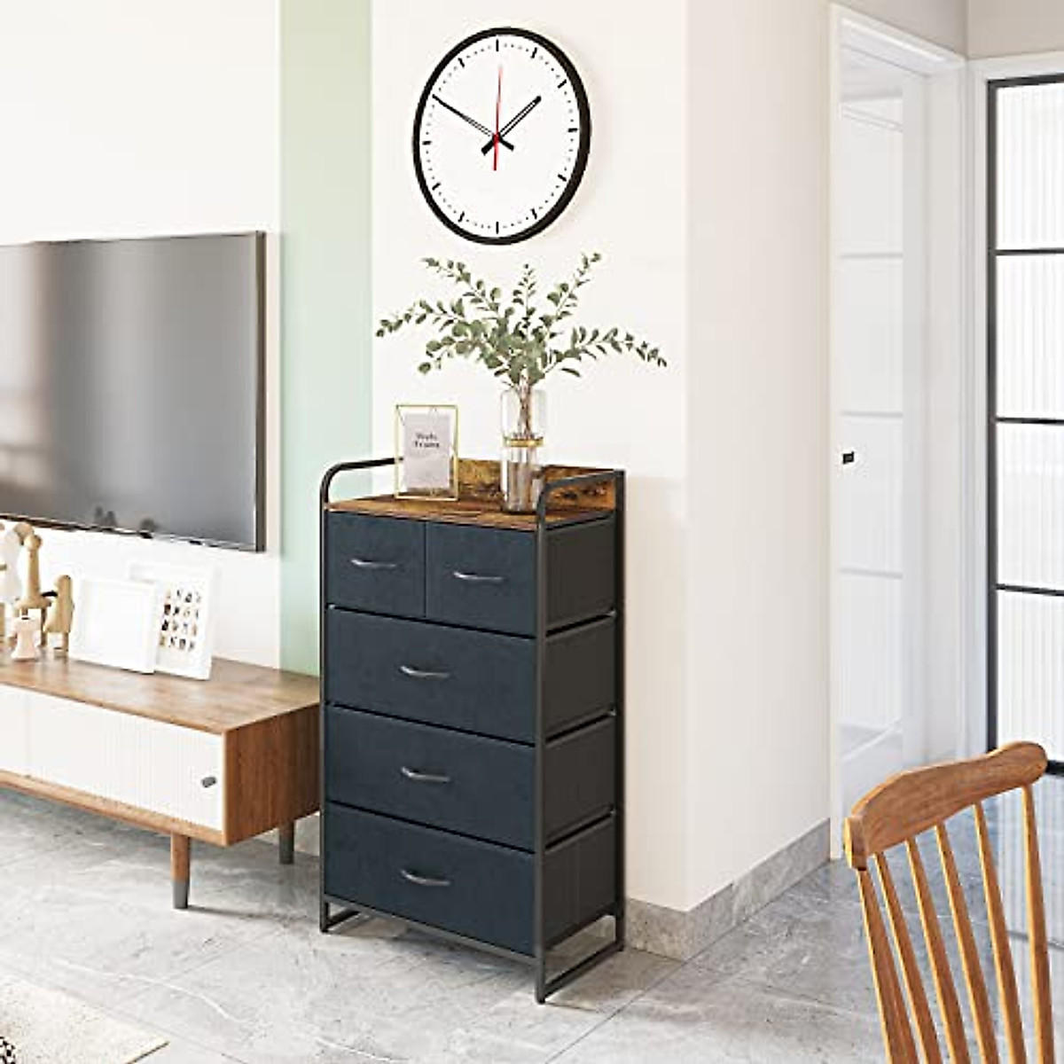 USJRAO Suede Fabric Dresser with 5 Drawers and Shelves Tall Chests of Drawers Sideboard Organizers Unit Storage Tower for Closet Bedroom Living Room Hallway Entryway Steel & Wood Black