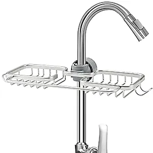 Ravinte Sponge Holder for Kitchen Sink, Hanging Drain Sink Sponge Holder Over Facuet Sponge Holder Sink Caddy Faucet Rack for Kitchen Sink Organizer and Bathroom Shower Rack--Double Square, Silver