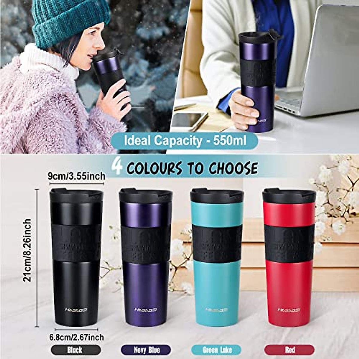 HASAGEI Travel Mugs for Hot Drinks, Insulated Coffee Mug with Leakproof Lid BPA-Free Coffee Travel Mug, Vacuum Insulation Stainless Steel Cup for Hot and Cold Coffee and Tea (Nevy Blue, 550ml/19oz)