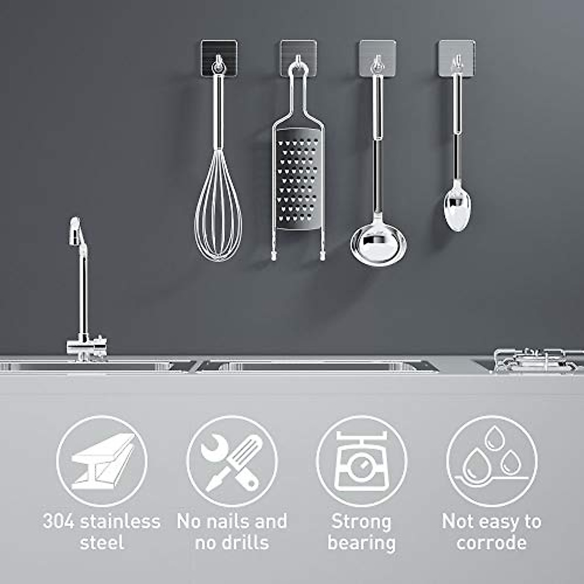 YAKAON Self-Adhesive Hooks, Heavy Duty Kitchen Bathrooms Robe Hooks, Towel Stands Sticky Wall Hook, Toilet Waterproof and Rust-Proof Bath Towel Hooks - 4 Packs