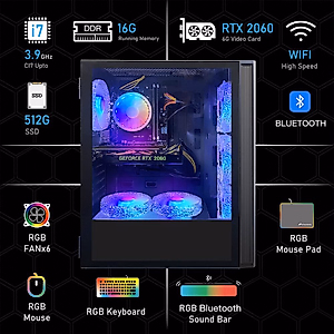 STGAubron Gaming PC Desktop, GeForce RTX 2060 6G GDDR6, Intel Core I7 3.4 GHz up to 3.9 GHz, 16G RAM, 512G SSD, WiFi, BT 5.0, RGB Fan x6, RGB Mouse Pad, RGB BT Sound Bar, Windows 10 Home