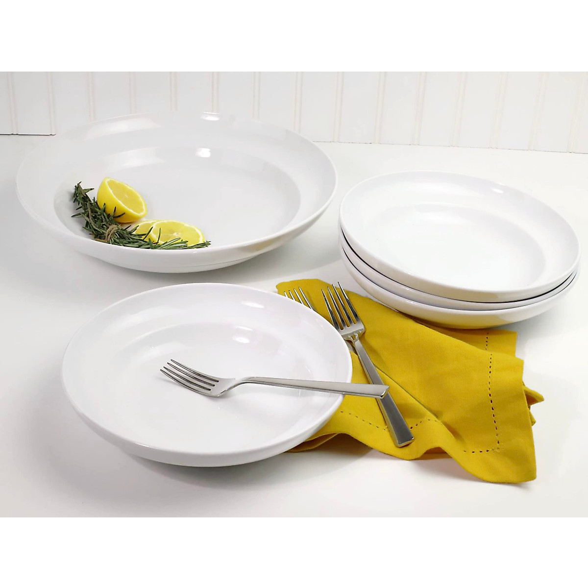 EuroCeramica Essential Bowls Set, 4 Piece 8.9'' Entrée Bowls and 1 Piece 12.99'' Serving Bowl, Classic White