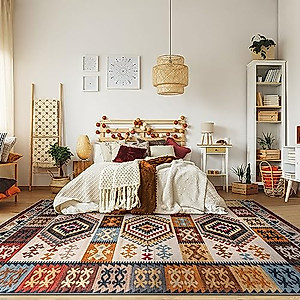 Fashriend Rita Moroccan Area Rug, 5'×7' Non Slip Vintage Rug, Thin Machine Washable Rug, No Shedding Tribal Rug Pad with Low Pile, Geometric Rug for Living Room, Bedroom, Kitchen, Brown