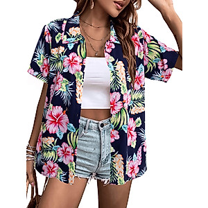 MYHALF Women Hawaiian Shirt Soft Cool Summer Hawaii Shirts Floral Tropic Print V Neck T-Shirt Short Sleeve Button Up Tops