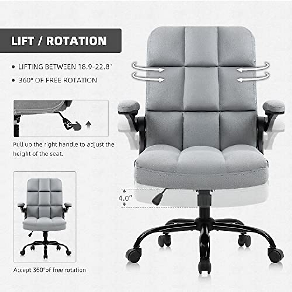 SEATZONE Home Office Chairs with Wheels, Comfortable Ergonomic Flip-up Armrest Adjustable Computer Desk Chair Backward Tilt