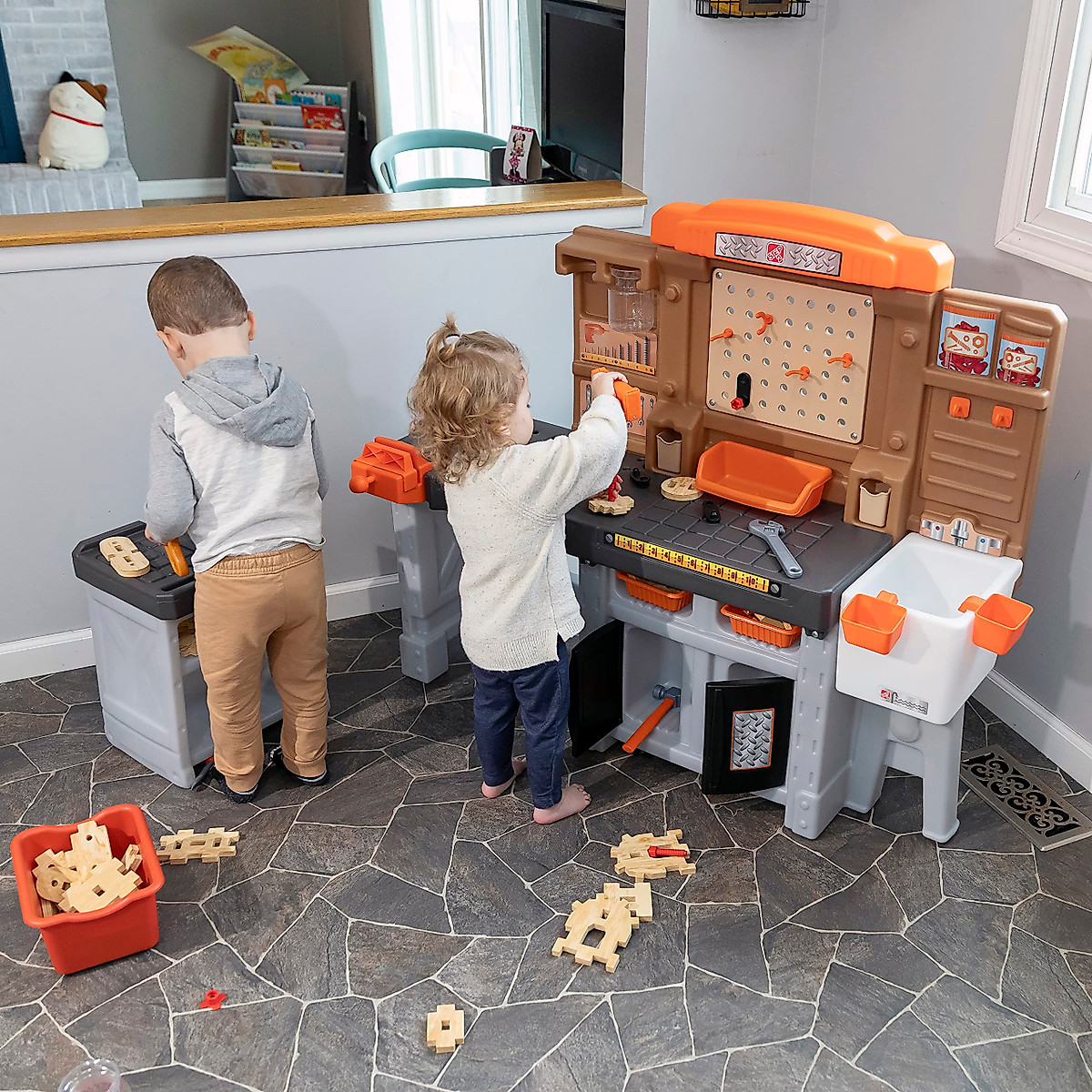 Step2 Pro Play Kids Workshop with Utility Bench, Indoor/Outdoor Tool Bench for Children, Interactive Play with Sounds, Made of Durable Plastic, Includes 76 Piece Toy Accessories, Toddlers 3+ Years Old