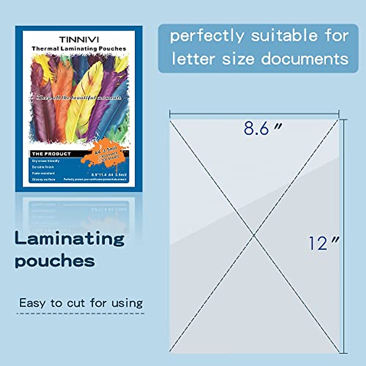 TINNIVI Thermal Laminating Pouches, 3Mil, 8.6"x12" Inches for Letter Size Products, Clear Laminating Sheets for Laminator Machine, 50 Pack