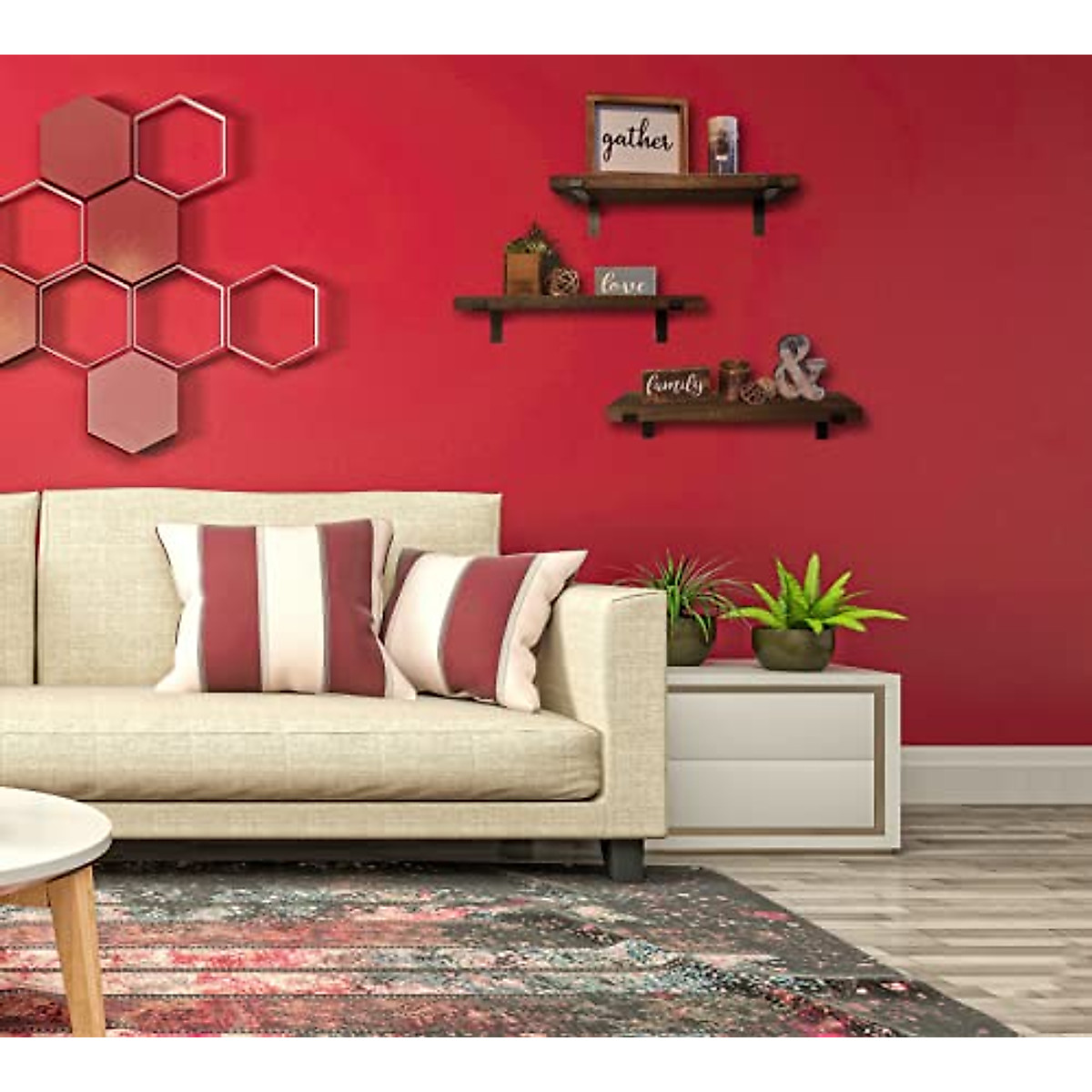 Ty Creations Wall Mounted Floating Shelves Set of 3, Rustic Wood Decorative Wall Storage Shelves with Metal L Bracket for Kitchen, Livingroom, Bedroom, Bathroom and Office