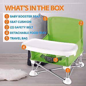 Serene Life Baby Seat Booster -Space Saver Toddler Booster Seat - Portable Pop and Open Sit Folding Booster Feeding Chair - Safety Belt/Food Tray/Travel Bag - SereneLife SLBS66G