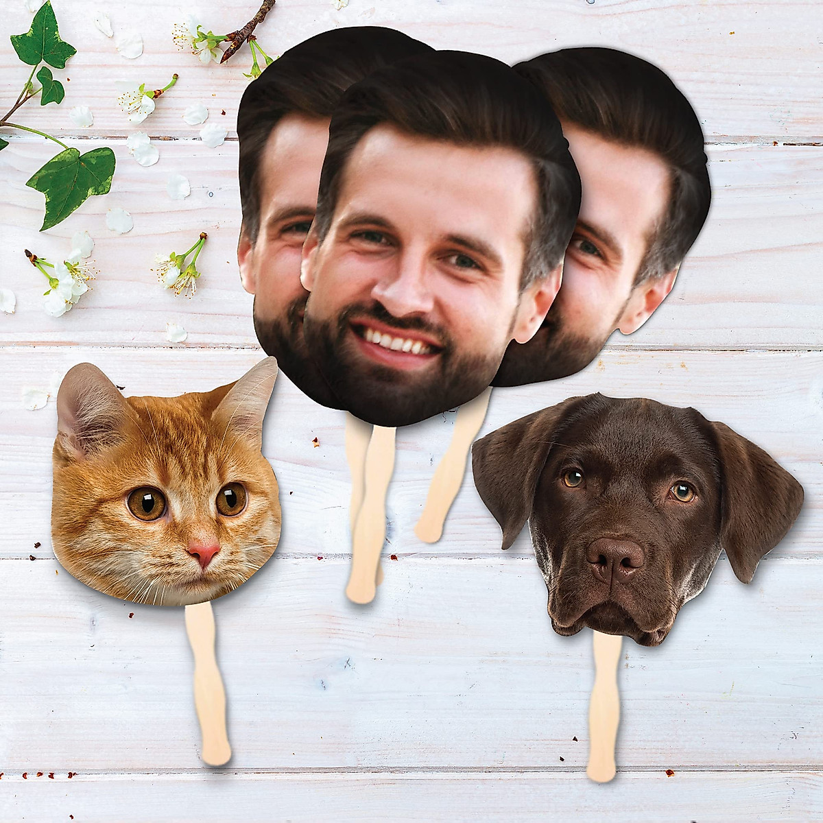 Voila Print Custom Face Fans 12” With Wooden Handle, Wedding Heads, Graduation Head, Bachelorette Groom Face, Birthday Party Head Fans (1)