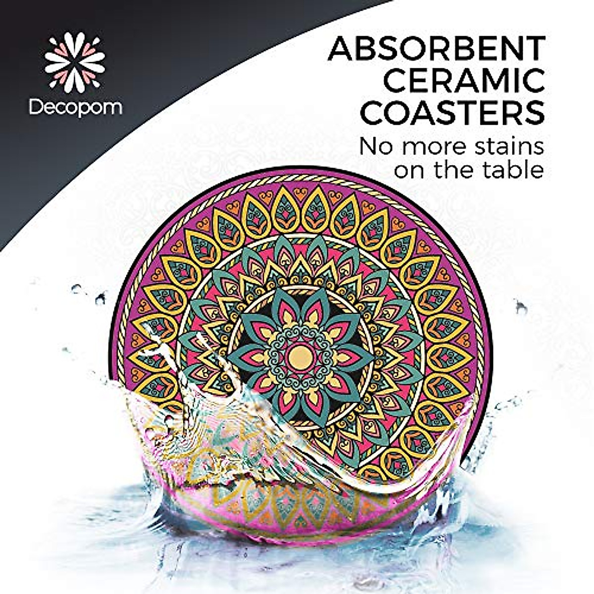 Decopom Drink Coasters Stone Mandala with Holders - 12 Pack Cute Cool Drink Coasters Absorbent Ceramic Round Edge with Cork Base and 2 Black Iron Holders for Apartment Table Bar Mugs Glasses Cup Beer